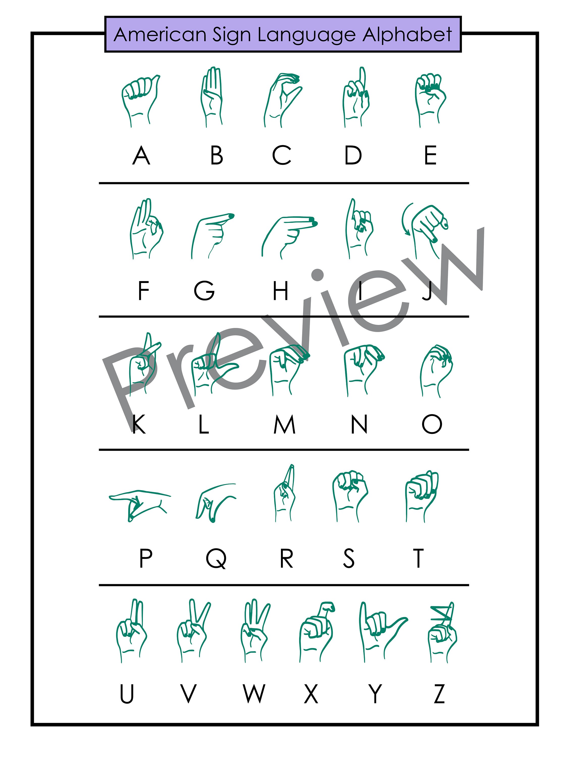 American Sign Language Alphabet Green - Etsy