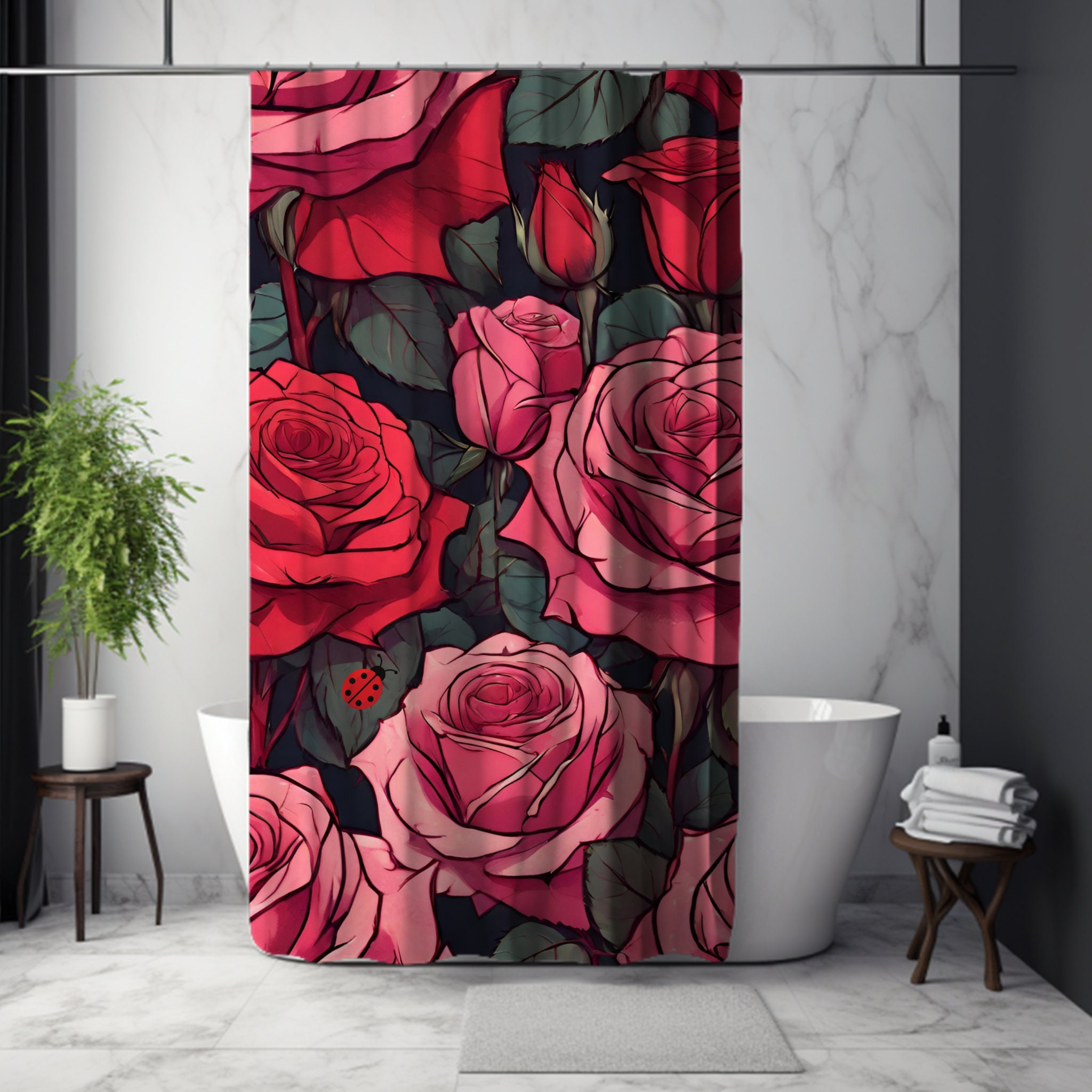 Pink and Red Roses Valentine Day Long Shower Curtain, Love Day Cute Red ...