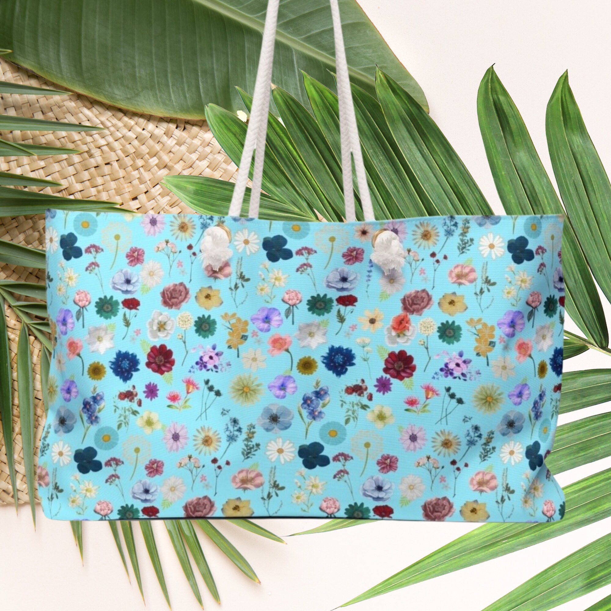 Cute Blue Boho Wildflower Weekend Bag for Women, Botanical Weekender ...