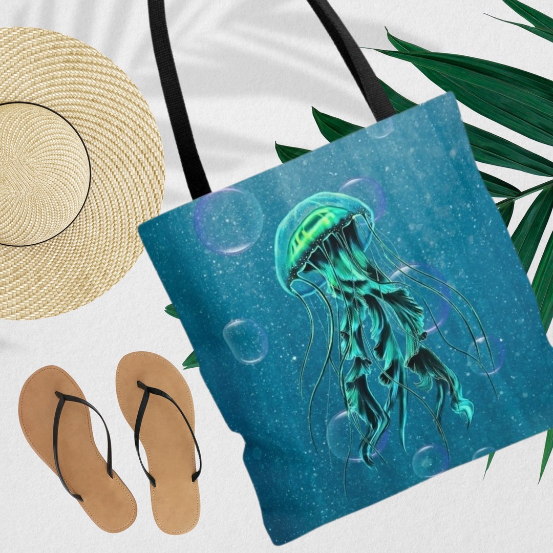 Blue Jellyfish Ocean Tote Bag, Cute Under the Sea Jellyfish and Bubbles ...