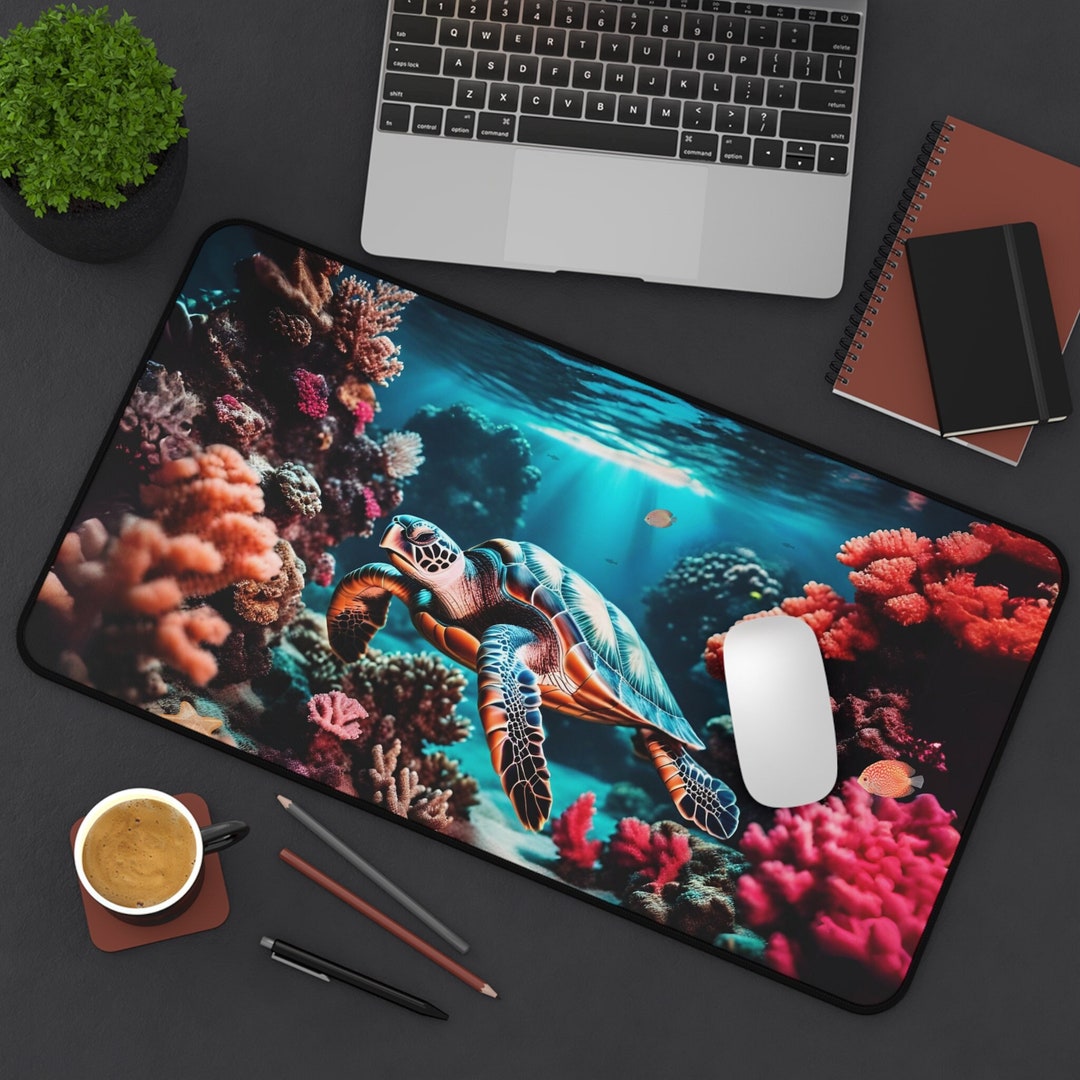Sea Turtle Blue Desk Mat, Cute Under the Sea Coral Reef Keyboard Mat ...