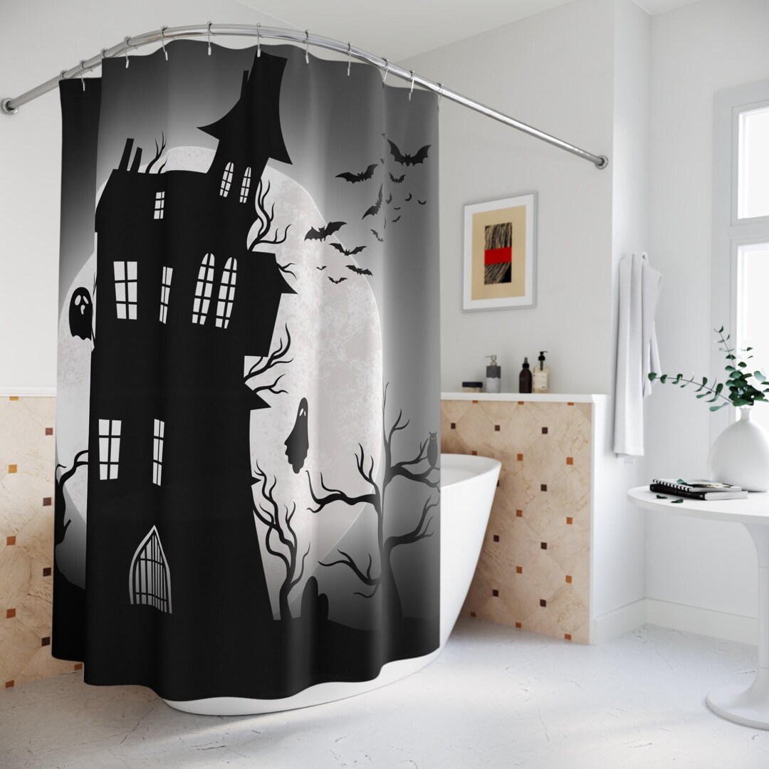 Spooky Haunted House Bathroom Shower Curtain,happy Halloween Full Moon ...