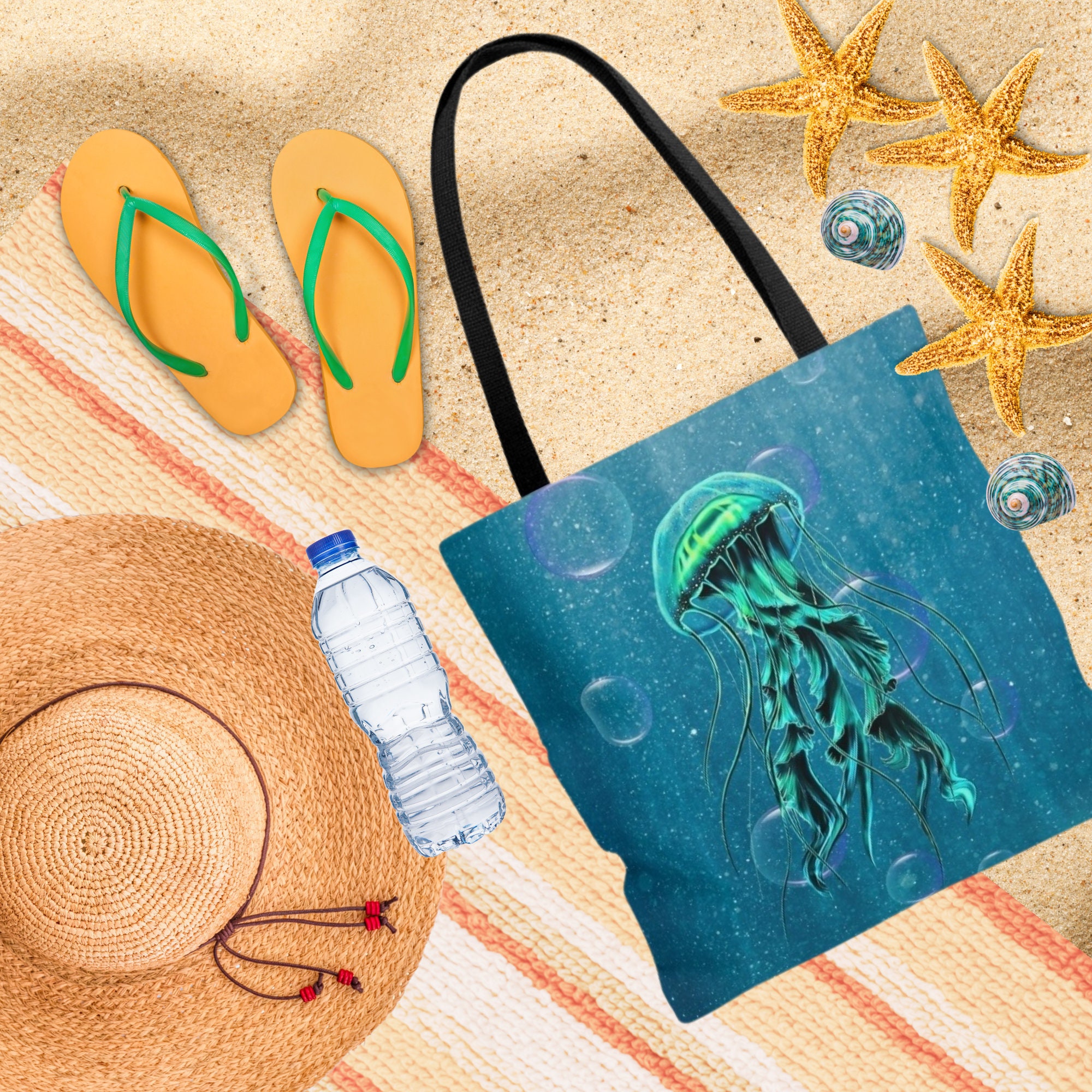 Blue Jellyfish Ocean Tote Bag, Cute Under the Sea Jellyfish and Bubbles ...