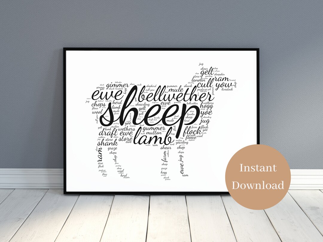 Sheep Word Shapes Fun Country Lamb Term Wall Art Cute Homestead Digital ...