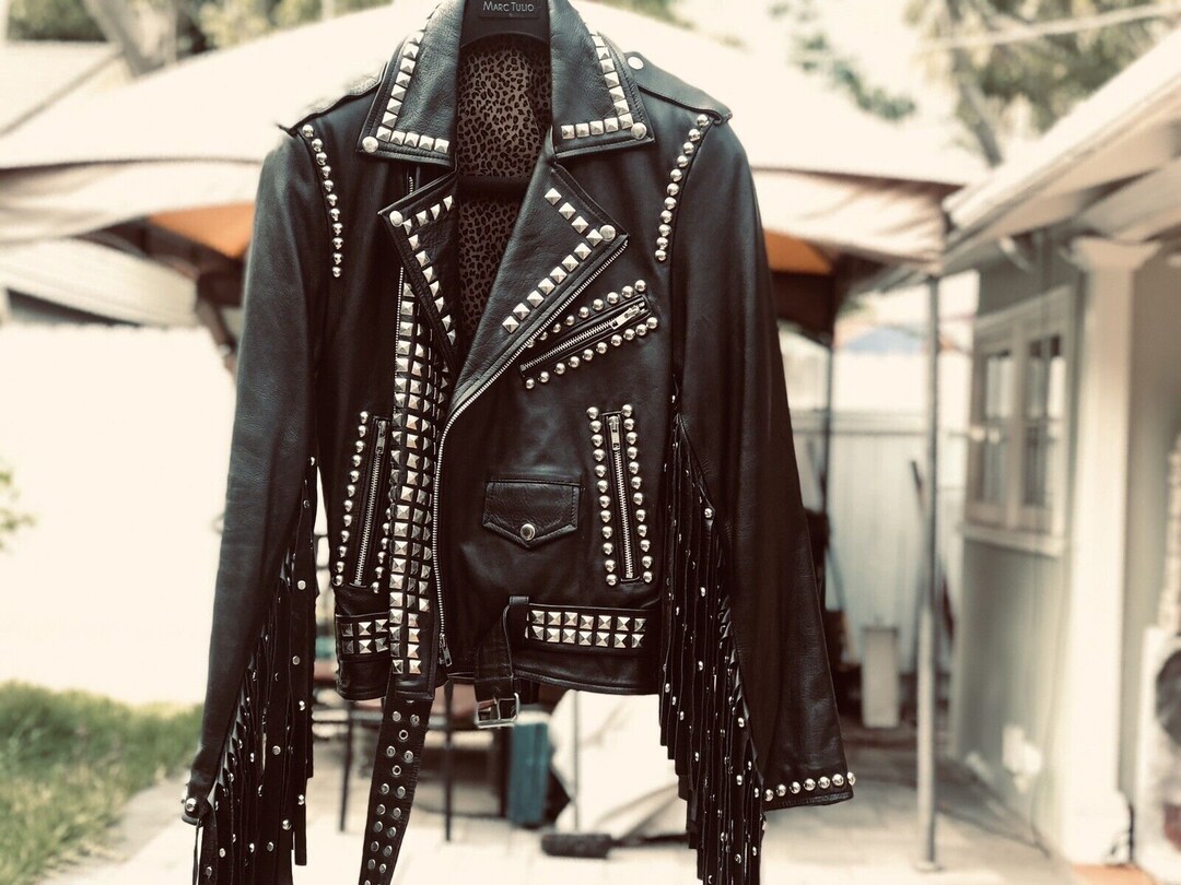 Studded Leather Biker Fringe Jacket Punk Toxic Vision Leopard Heavy ...