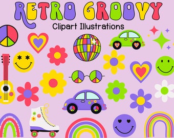 Retro Vibes Digital Clipart Set, Retro 60s 70s, Groovy Hippie, Retro ...