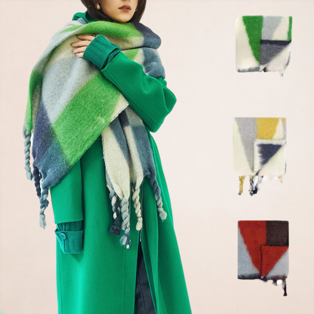 Thick Cashmere Scarf Geometric Gradient Mohair Winter Warm Blanket ...