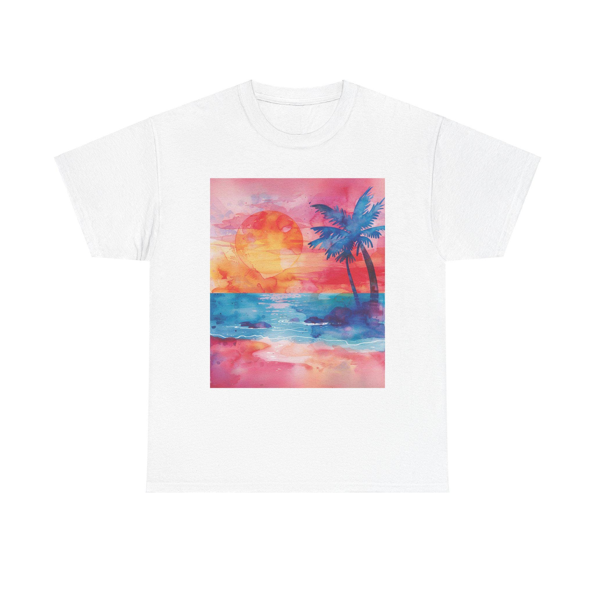 Tropical Sunset Tee, Beach Palm Trees Shirt, Watercolor Pastel Unisex T ...