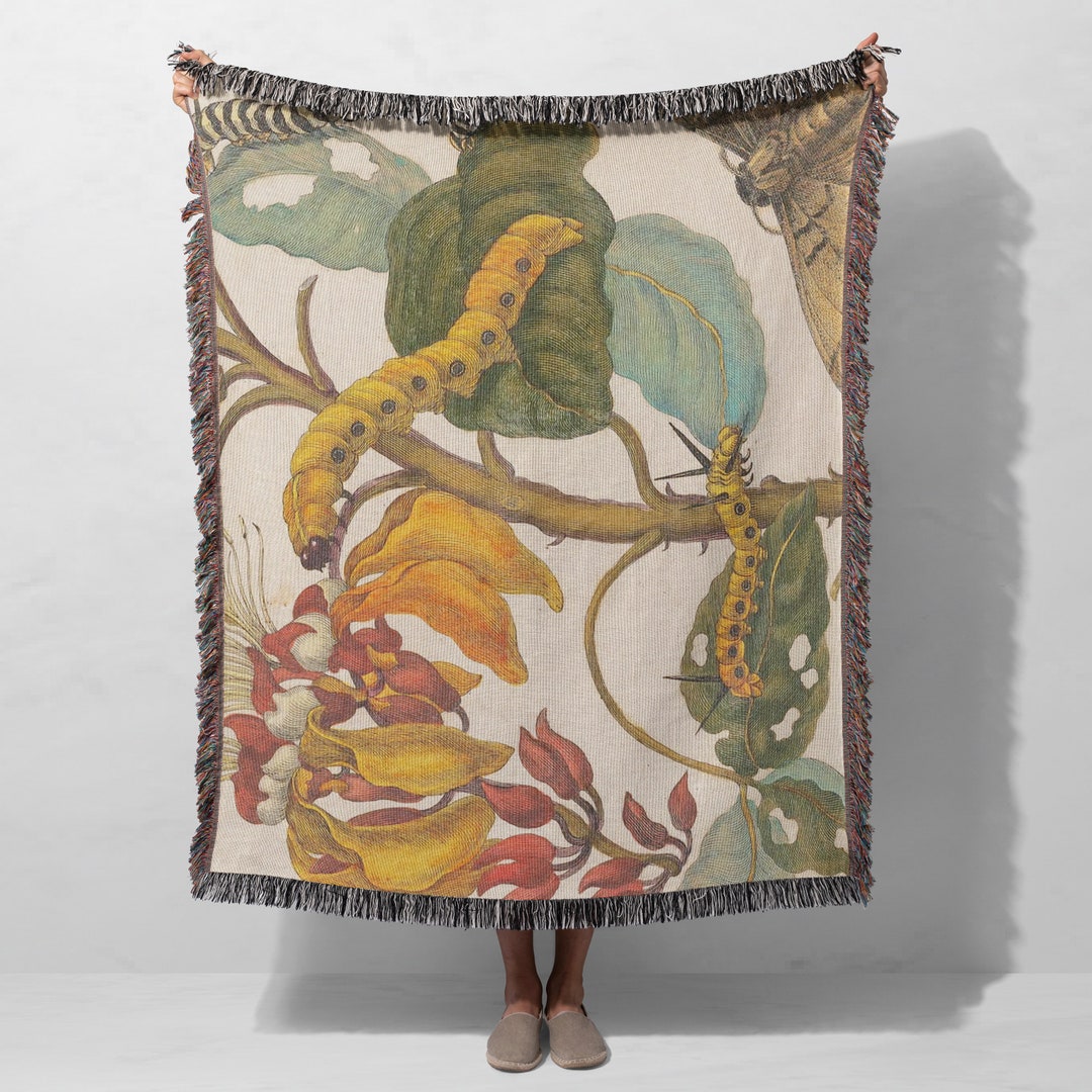 Caterpillar Throw Blanket Vintage Insect Drawing Butterfly Art Cotton ...
