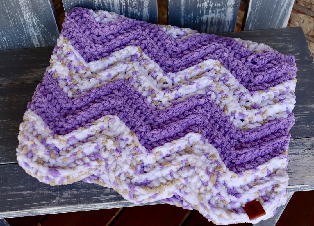 Handmade Crochet Baby Blanket, Chunky Ripple Afghan, Purple and White ...