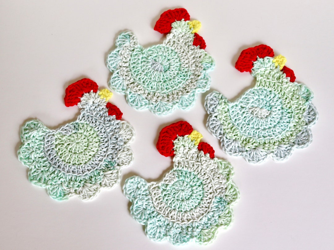 Set of 4 Crochet Chicken Coasters, Farmhouse Decor, 100% Cotton ...