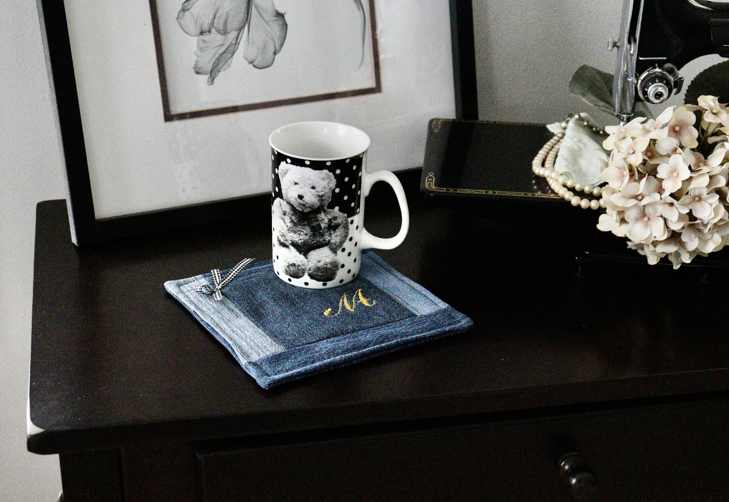 Personalized Denim Mug Rug From Recycled Denim Jeans, Embroidered ...