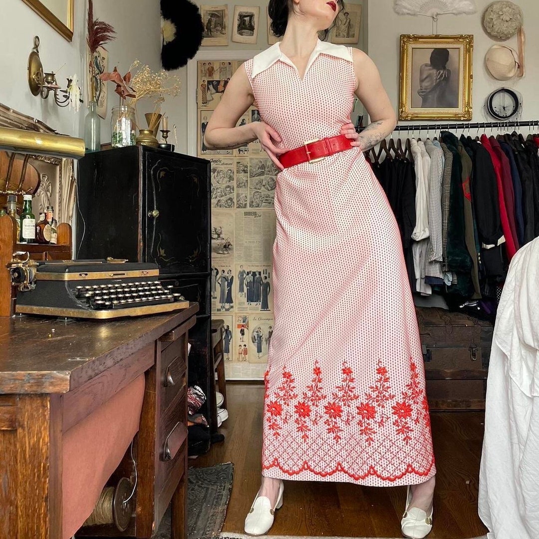 Vintage 70s Americana Maxi Dress, Red Swiss Dot Embroidered Gown, Vtg ...