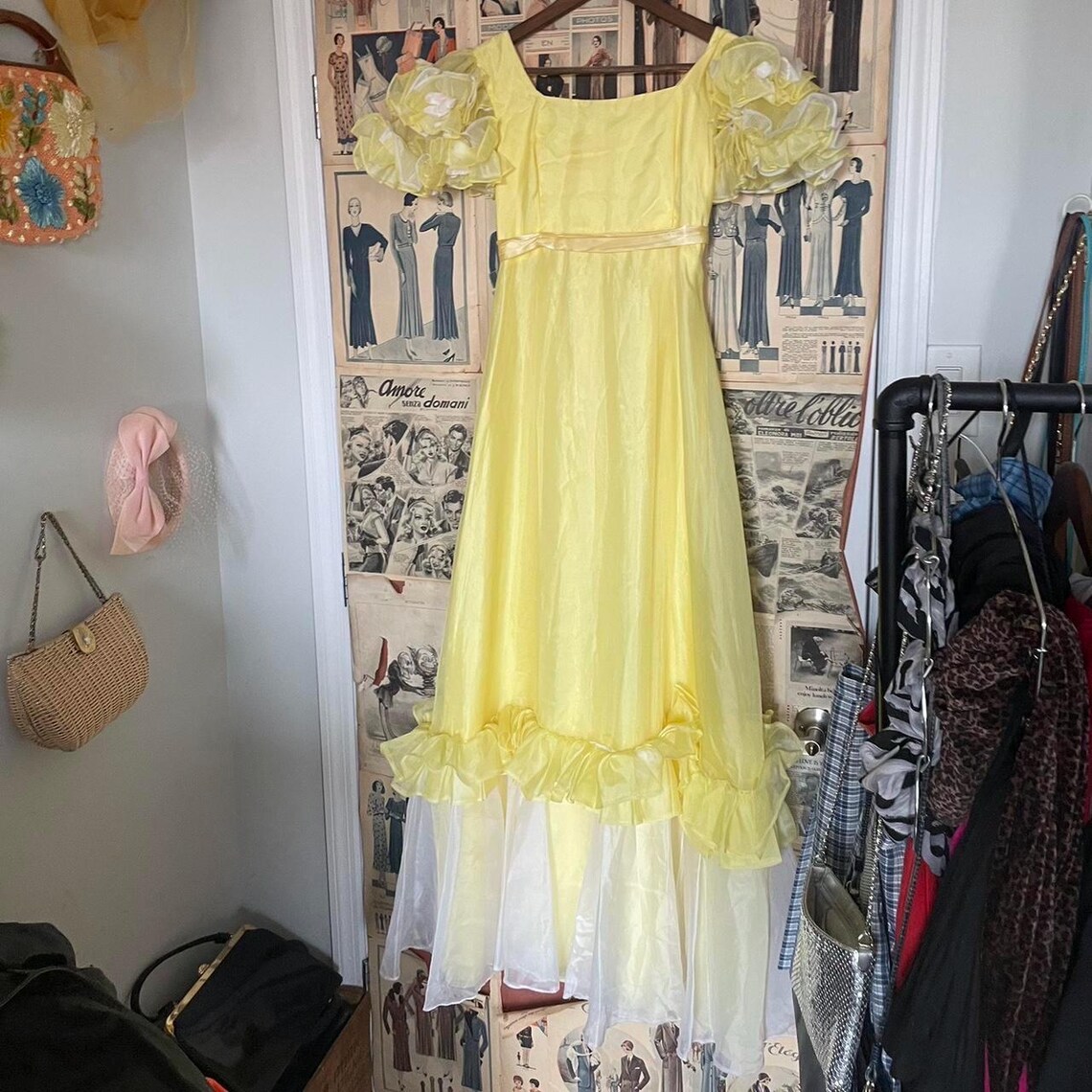 Vintage 70s 80s Princess Gown Prom Dress, Yellow Organza Chiffon ...