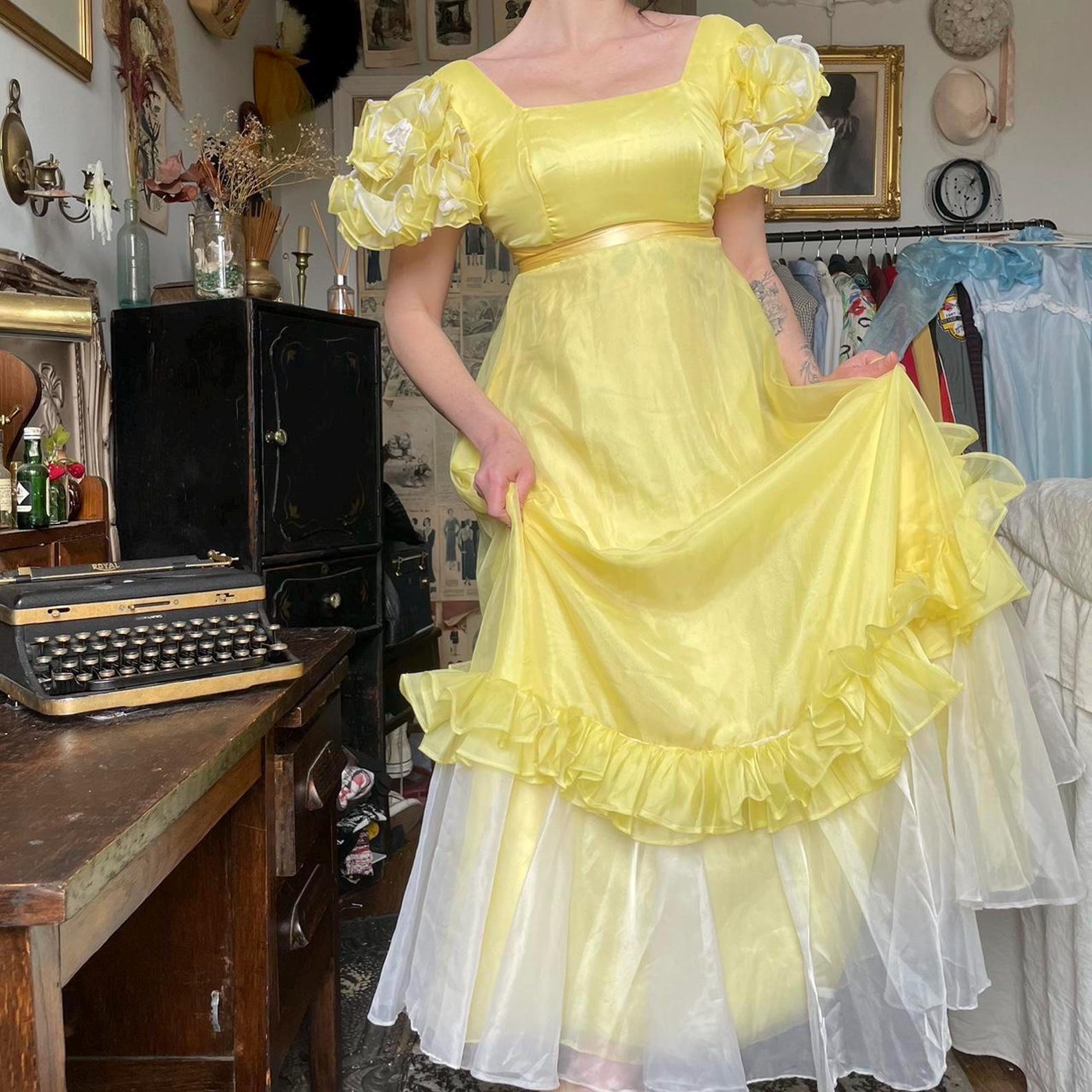 Vintage 70s 80s Princess Gown Prom Dress, Yellow Organza Chiffon ...