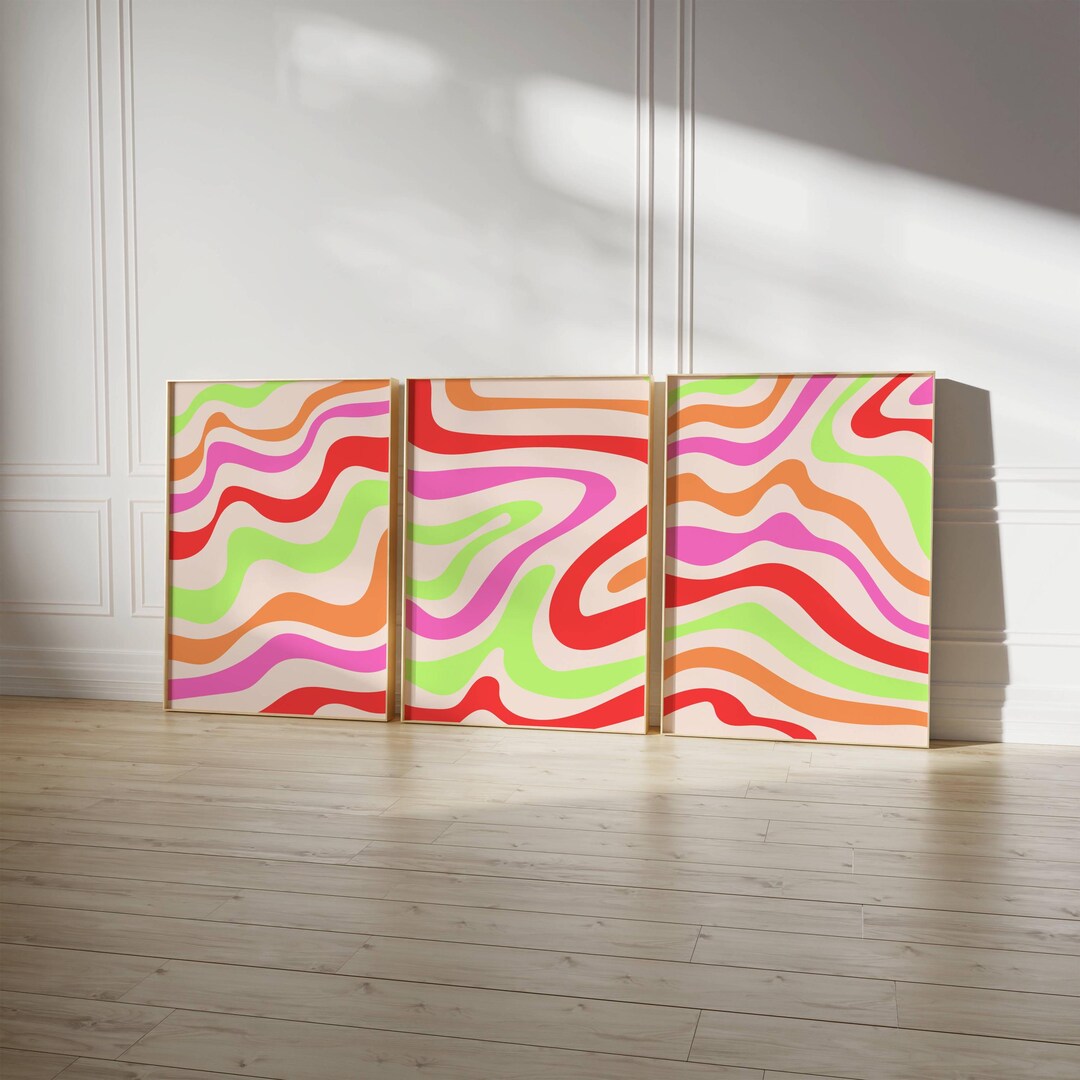 Retro Abstract Wall Art, Set of 3 Prints, Bright Colorful Funky Living ...
