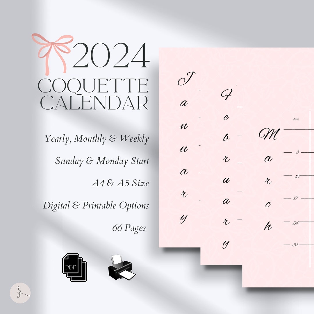 2024 Coquette Calendar in a Modern Romance Core Theme Printable ...