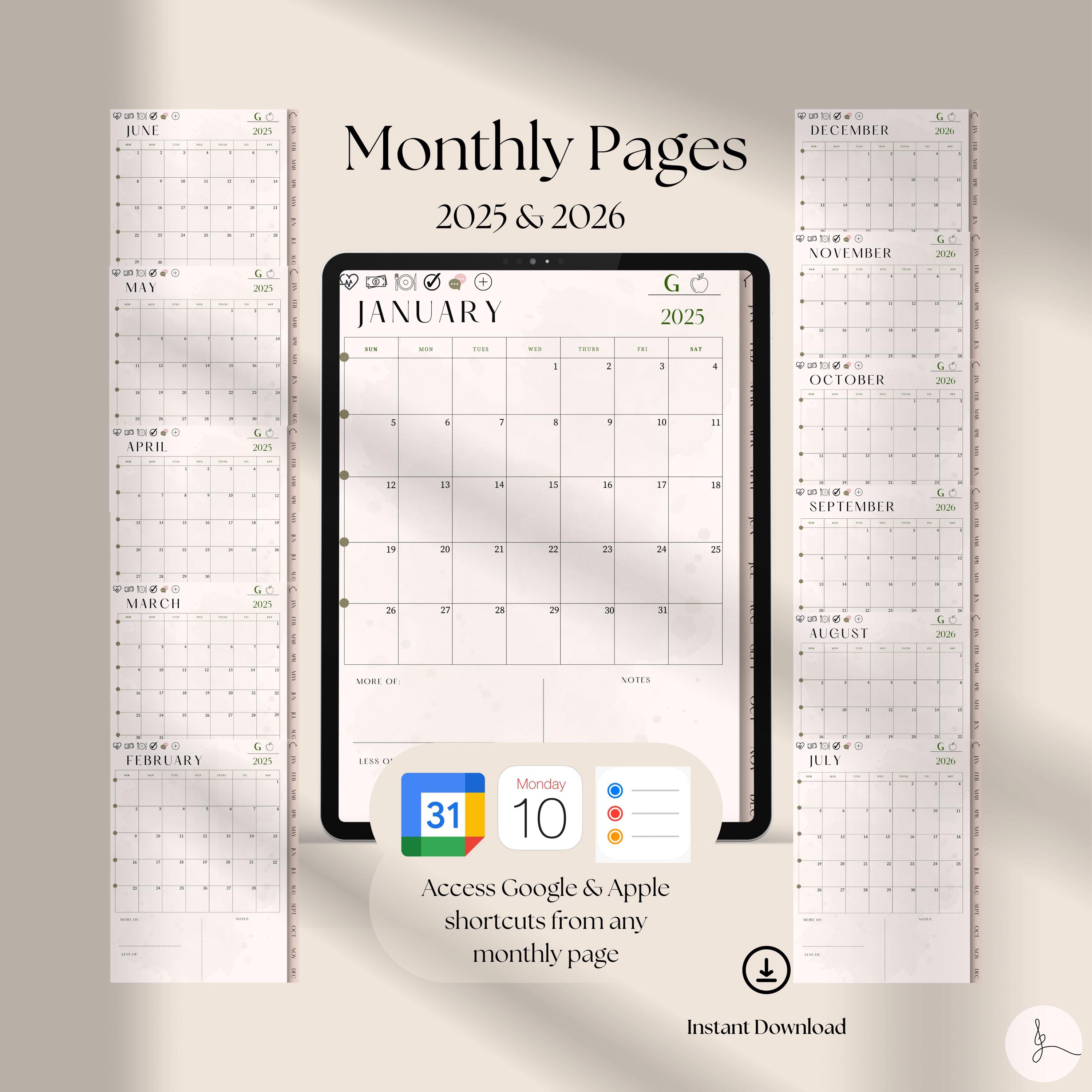 2025 2026 Digital Planner With Apple Reminder and Google Calendar Links ...