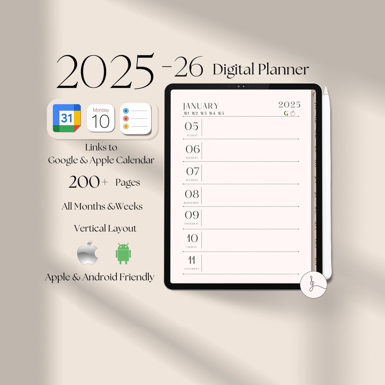 2025 2026 Digital Planner With Apple Reminder and Google Calendar Links ...