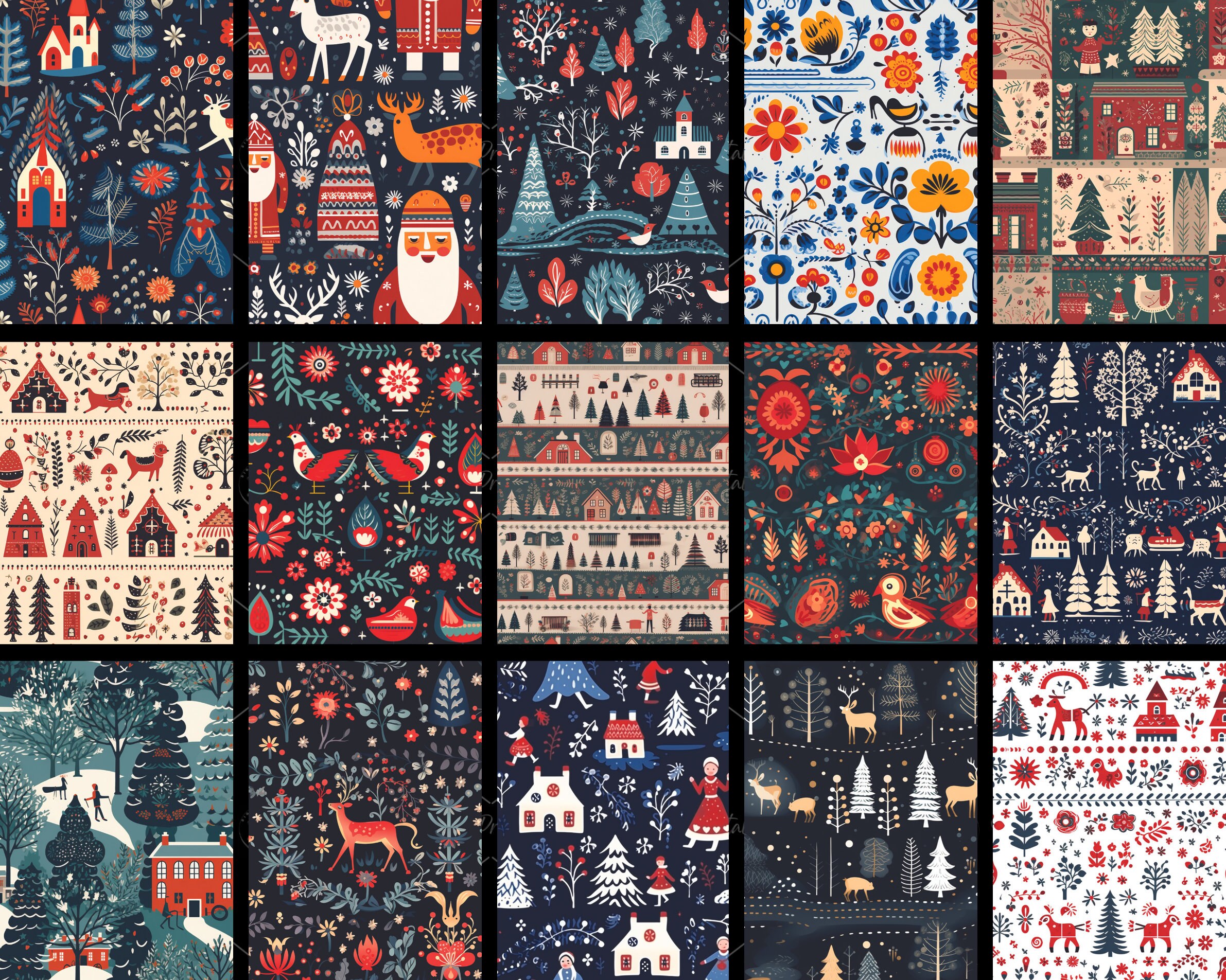 Folk Art Christmas Seamless Digital Download Folk Art Patterns Vintage ...