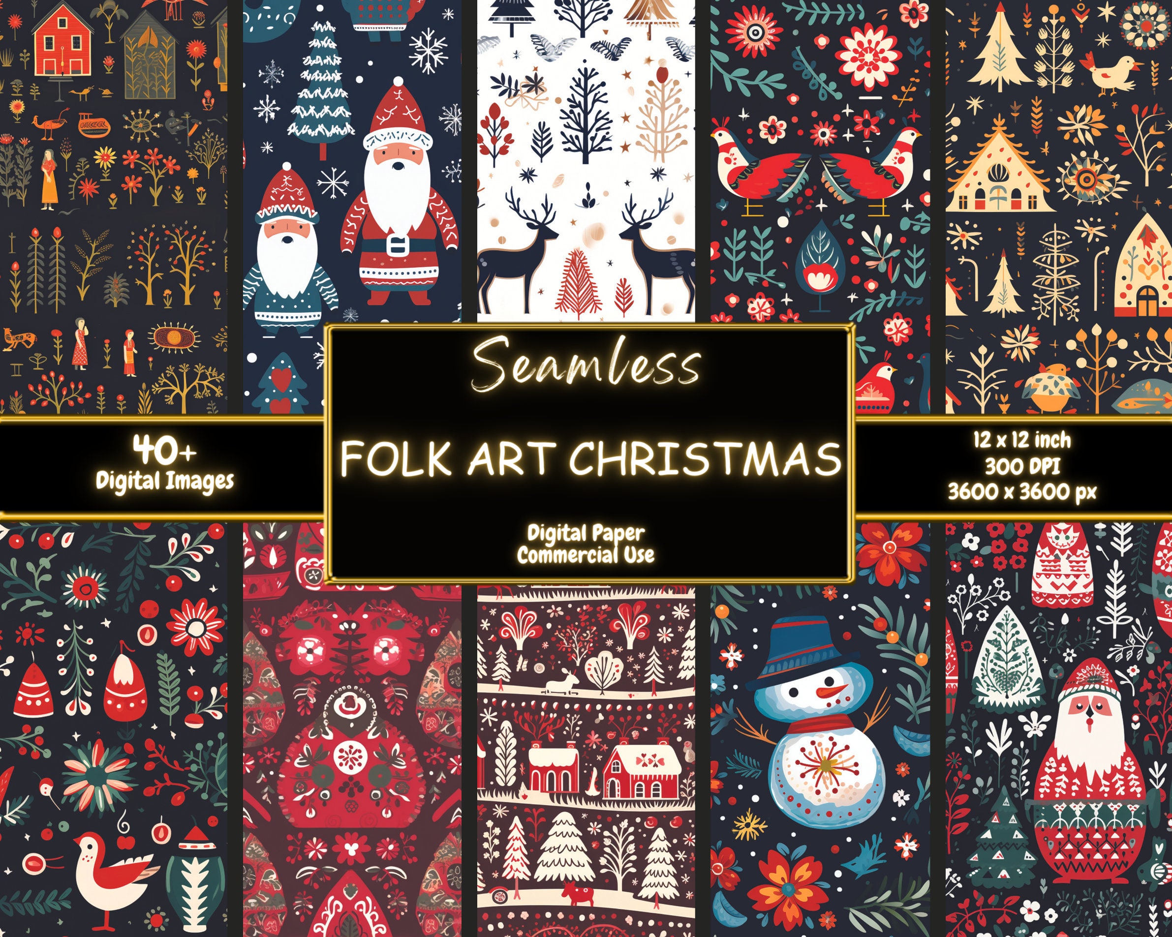 Folk Art Christmas Seamless Digital Download Folk Art Patterns Vintage ...