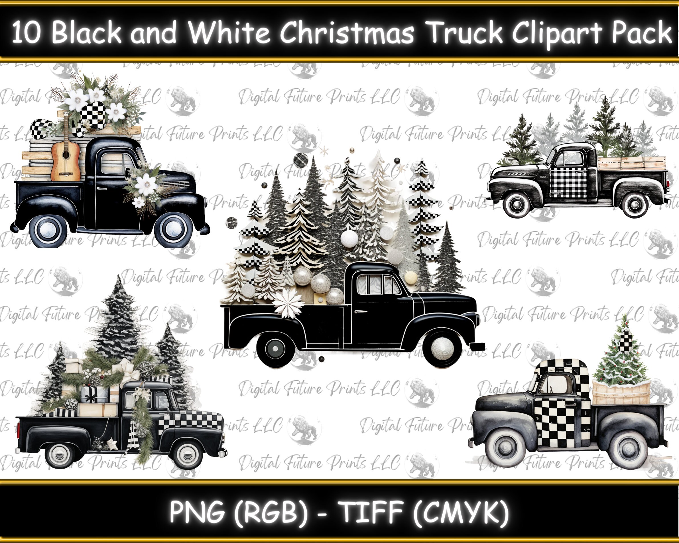 Black and White Christmas Truck Clip Art Digital Download Plaid Truck ...