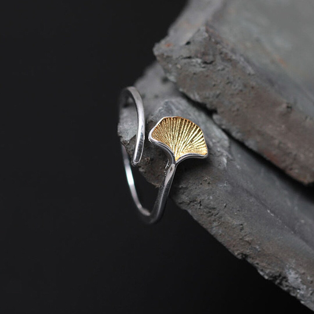 Antique Silver Ginkgo Biloba Ring, Adjustable Wrap Ring, Modern Dainty Bohemian Abstract Leaf ...