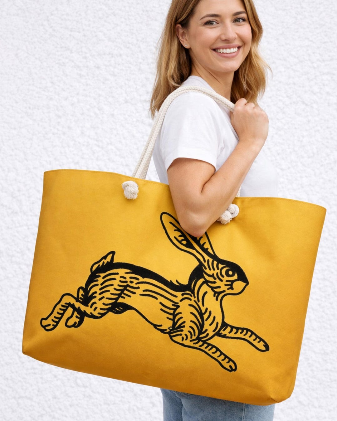Oversized Tote Bag | Jumping Hare Print, Rope Handles - Etsy