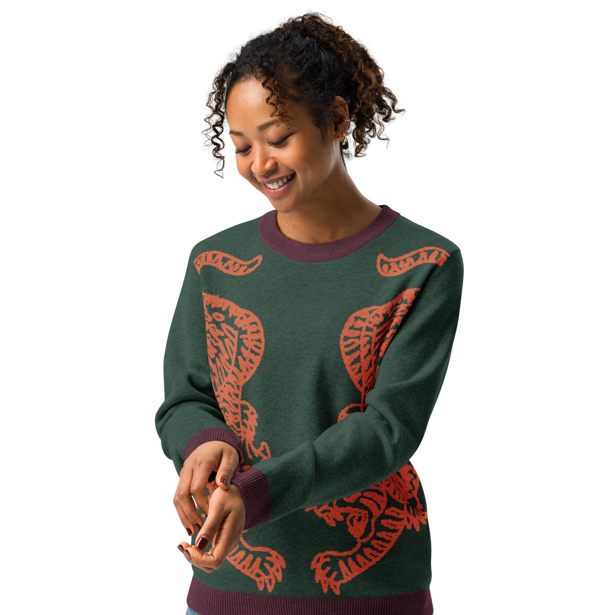 Vintage Tiger Knit Sweater, Forest Green Graphic Pullover - Etsy