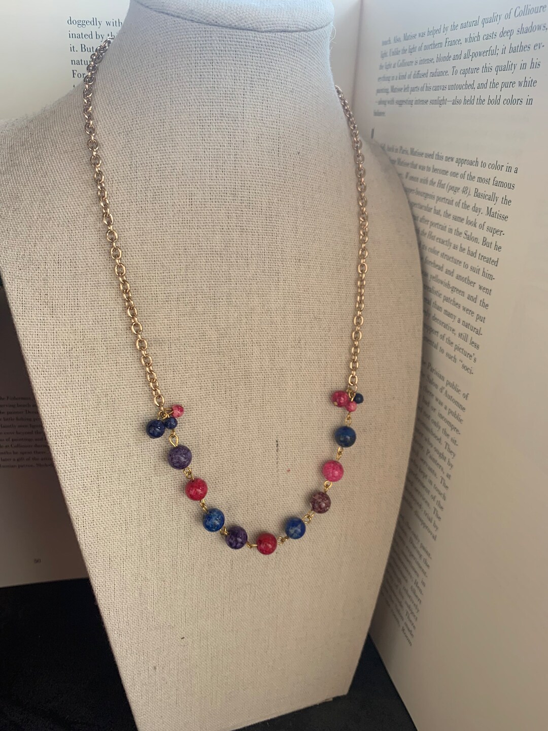 Purple, Pink, Blue Stone Bead Gold Necklace - Etsy