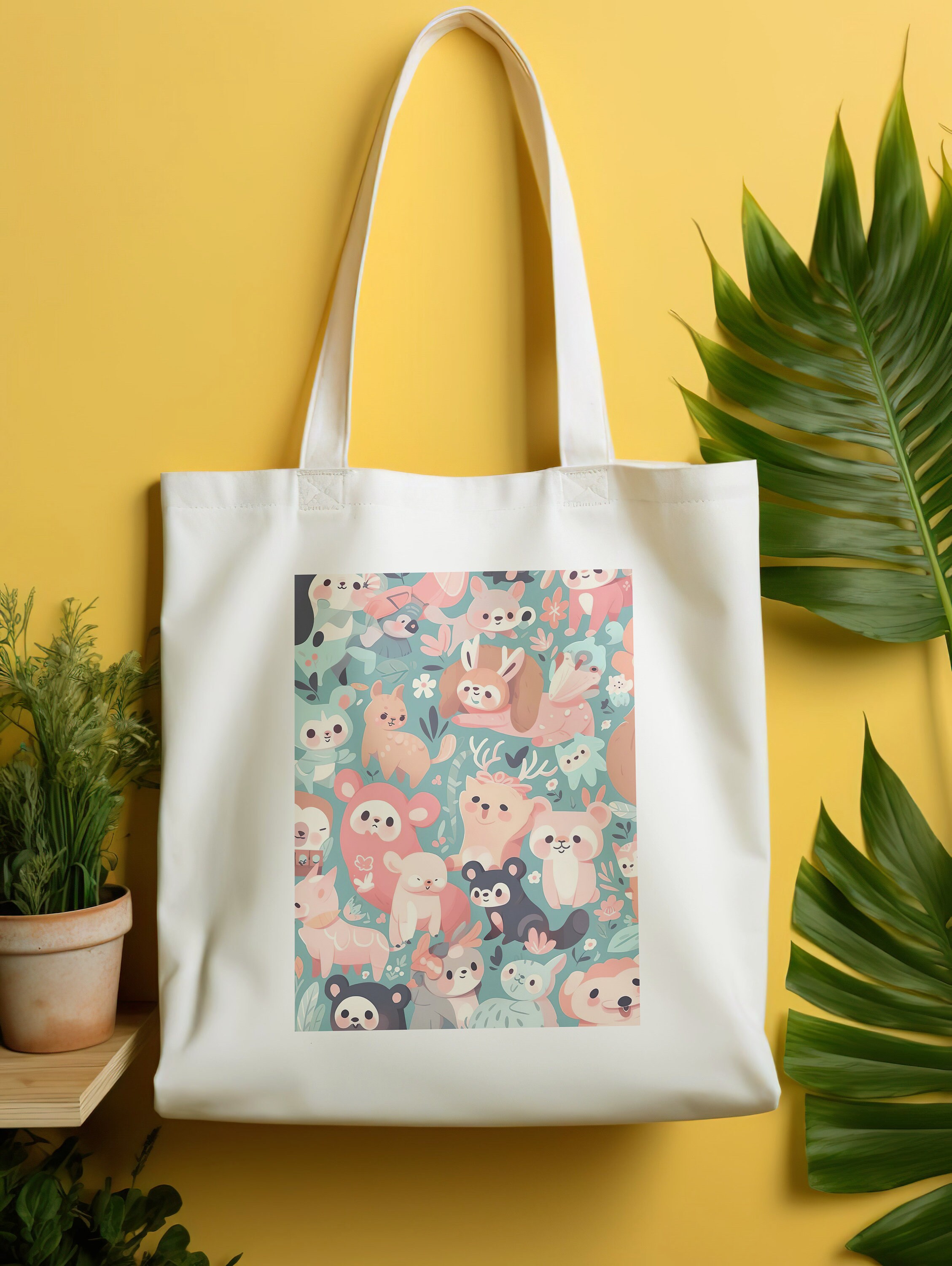 Cute Animals Tote Bag, Adorable Chibi-style Animals Canvas Tote Bag ...