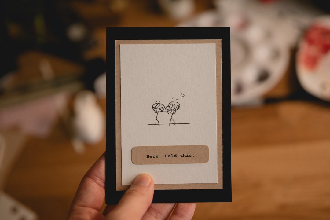 Small-batch Stick Figure Greeting Card - "here. Hold This." - Etsy