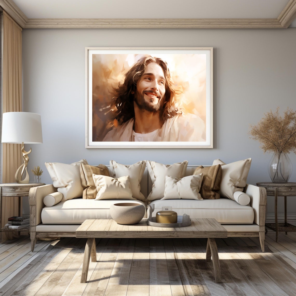 Smiling Jesus Christ Portrait Horizontal Landscape Artwork Print of ...