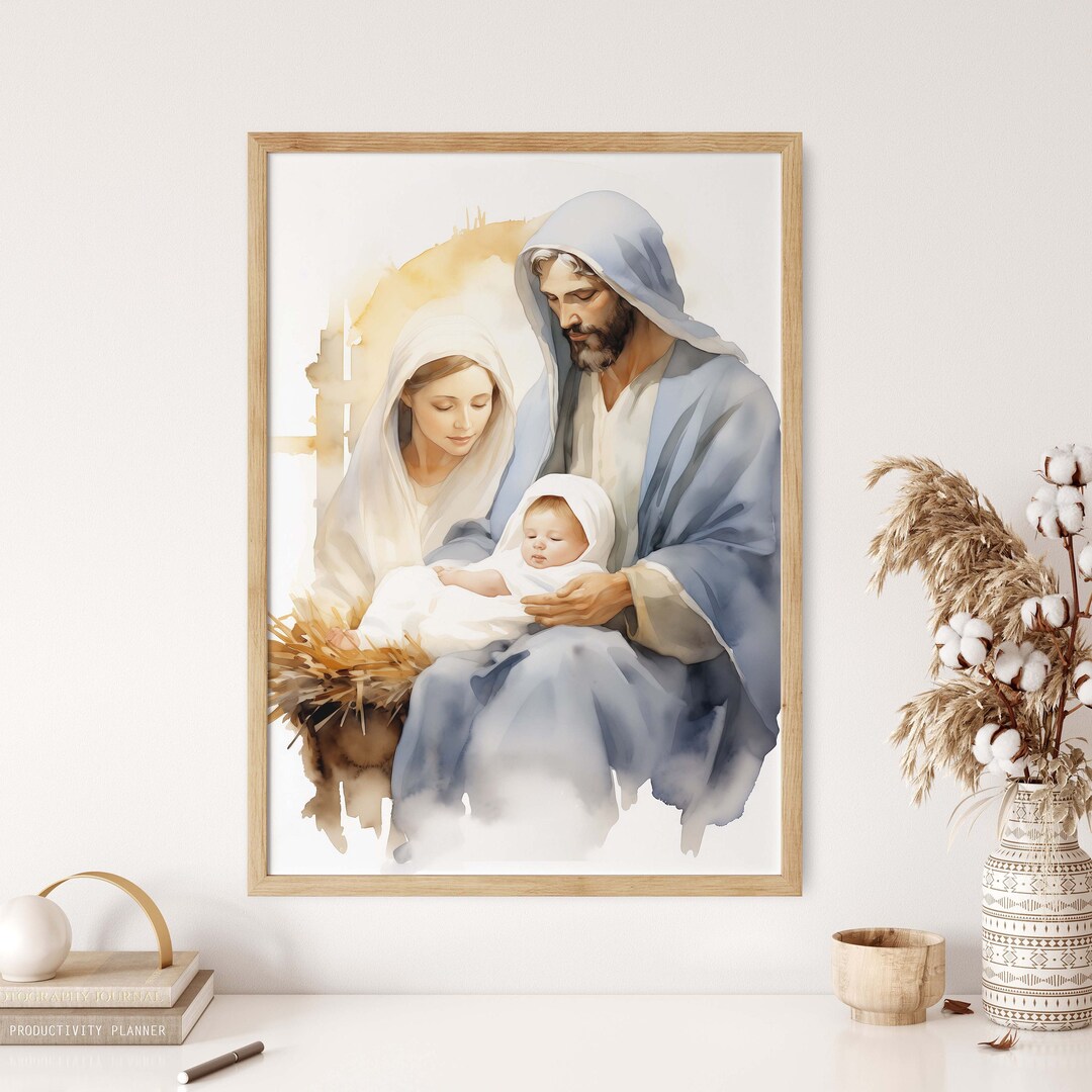 Nativity Scene Watercolor Painting | Baby Jesus, Holy Family (digital ...