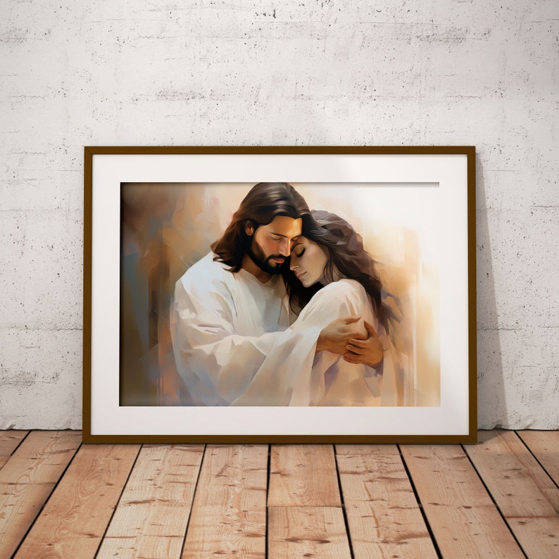 Divine Embrace | Jesus Holding Woman Portrait | Digital Printable ...