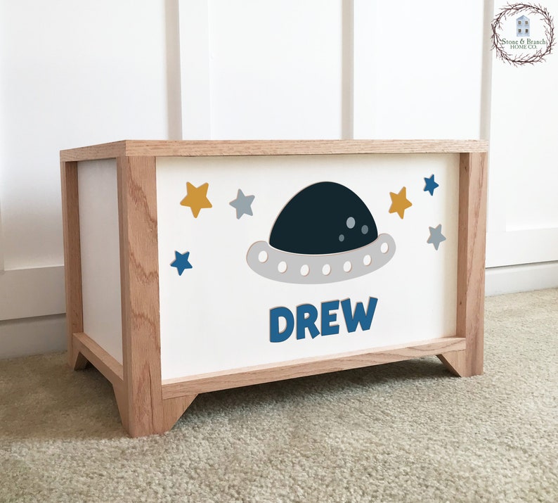 Space Toy Box UFO With Name and Stars Personalized Wood Toy Box ...