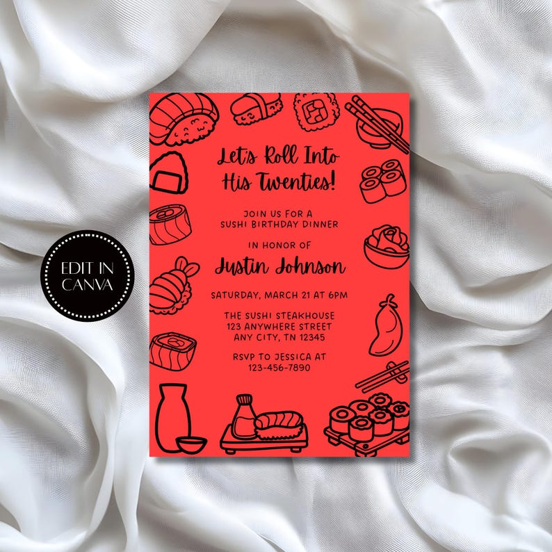 Sushi Birthday Invitation | Let's Roll Into His Twenties | Sushi Dinner ...