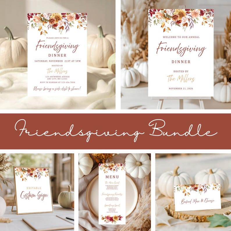 Friendsgiving Invitation Bundle, Watercolor Floral Templates (digital ...