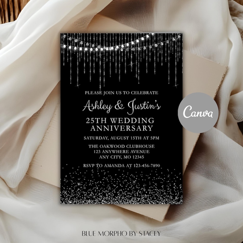 25th Anniversary Invitation Template, Silver Glitter Black Celebration ...
