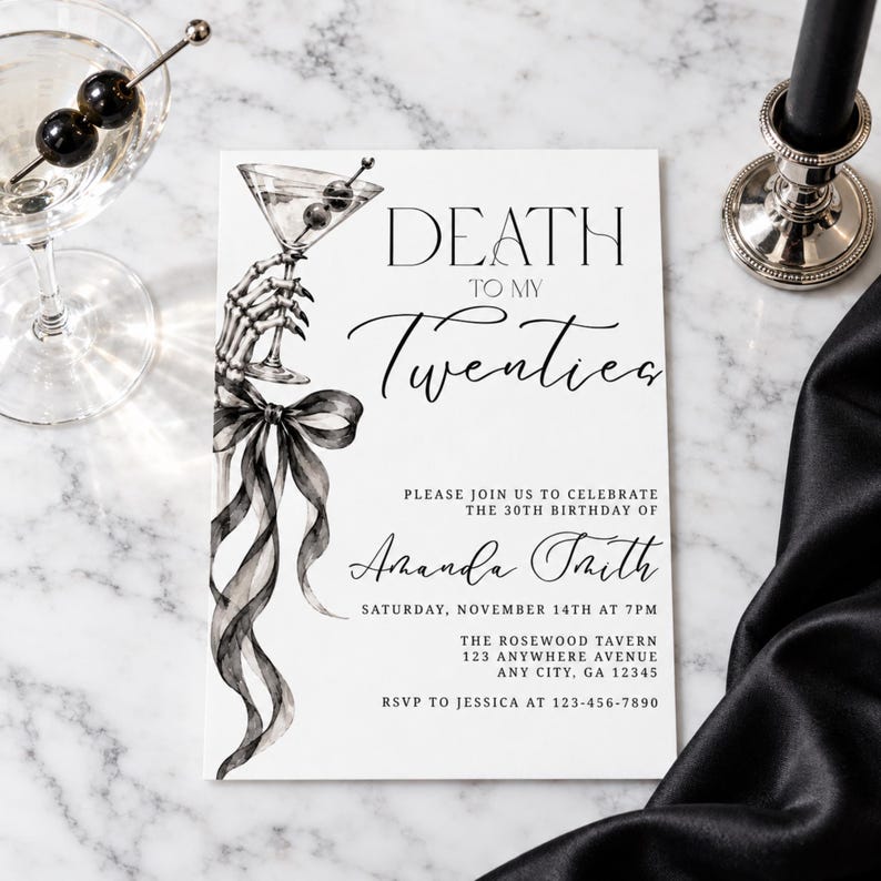 30th Birthday Invitation, Black Bow Birthday Invite, Thirty Birthday ...