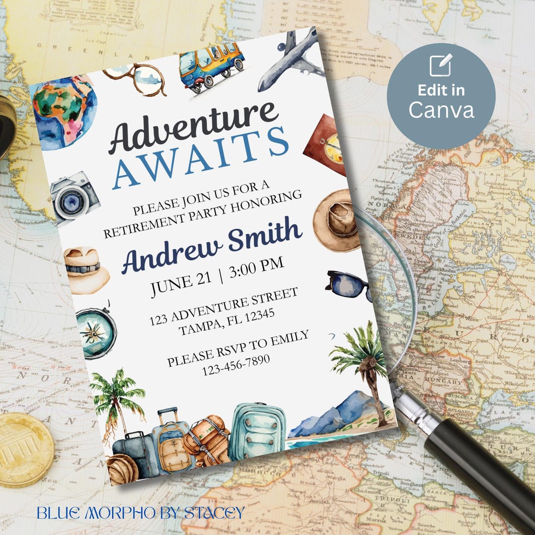 Adventure Awaits Retirement Party Invitation | Editable Canva Template ...