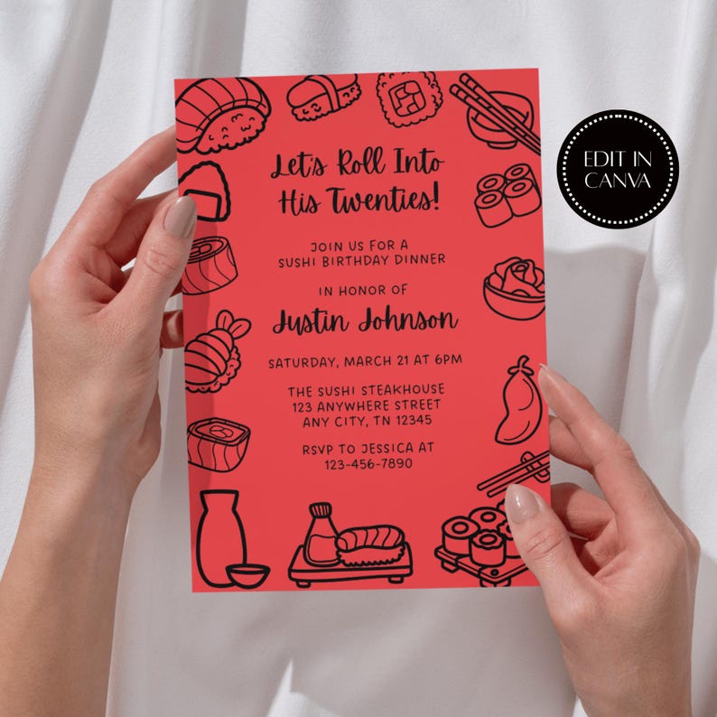 Sushi Birthday Invitation | Let's Roll Into His Twenties | Sushi Dinner ...