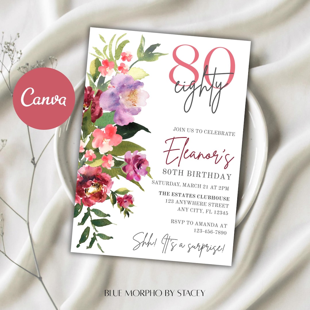 80th Birthday Invitation Template | Elegant Watercolor Floral (digital ...