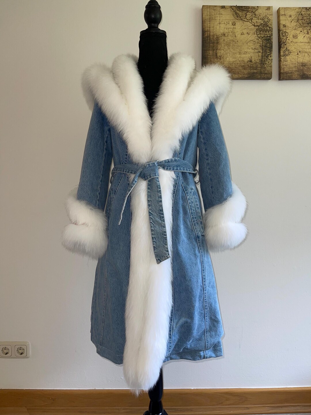 Hand Crafted Jean Jacket With White Fox Fur Trim and Cuffs - Etsy