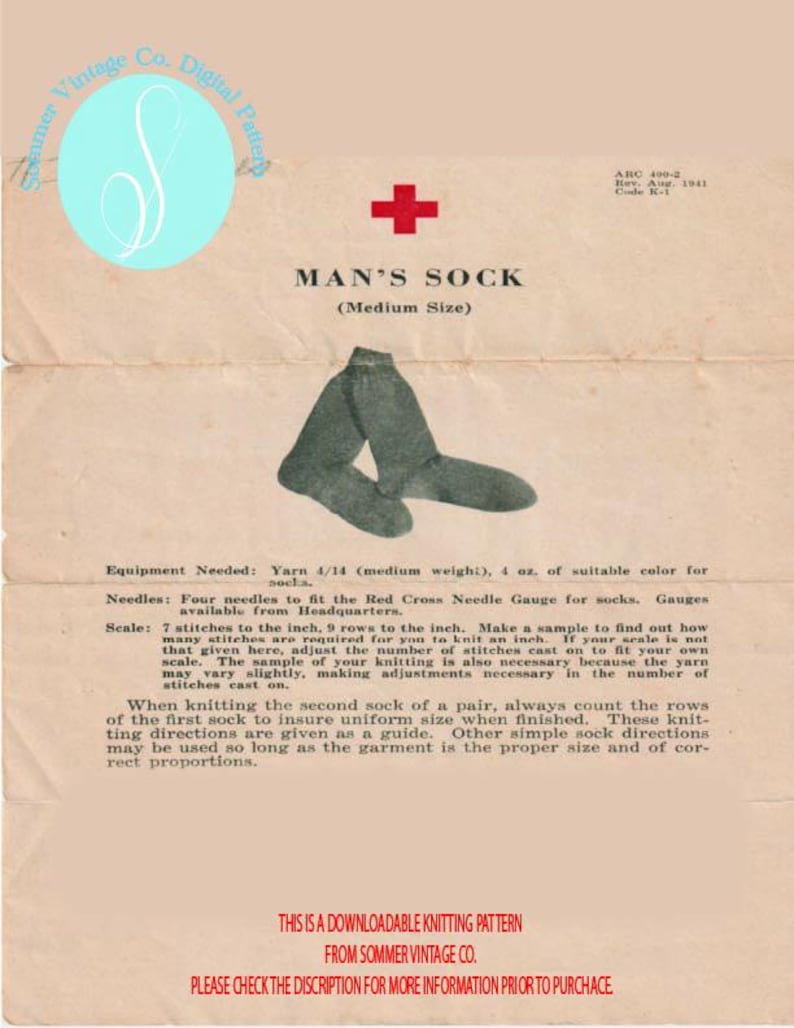WWII Red Cross Knitting Pattern, Mens Socks 1941 INSTANT DOWNLOAD - Etsy