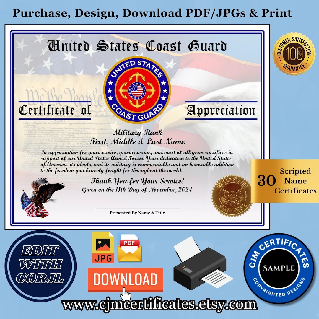 30 Coast Guard Appreciation Certificates-template A1-design With Corjl ...