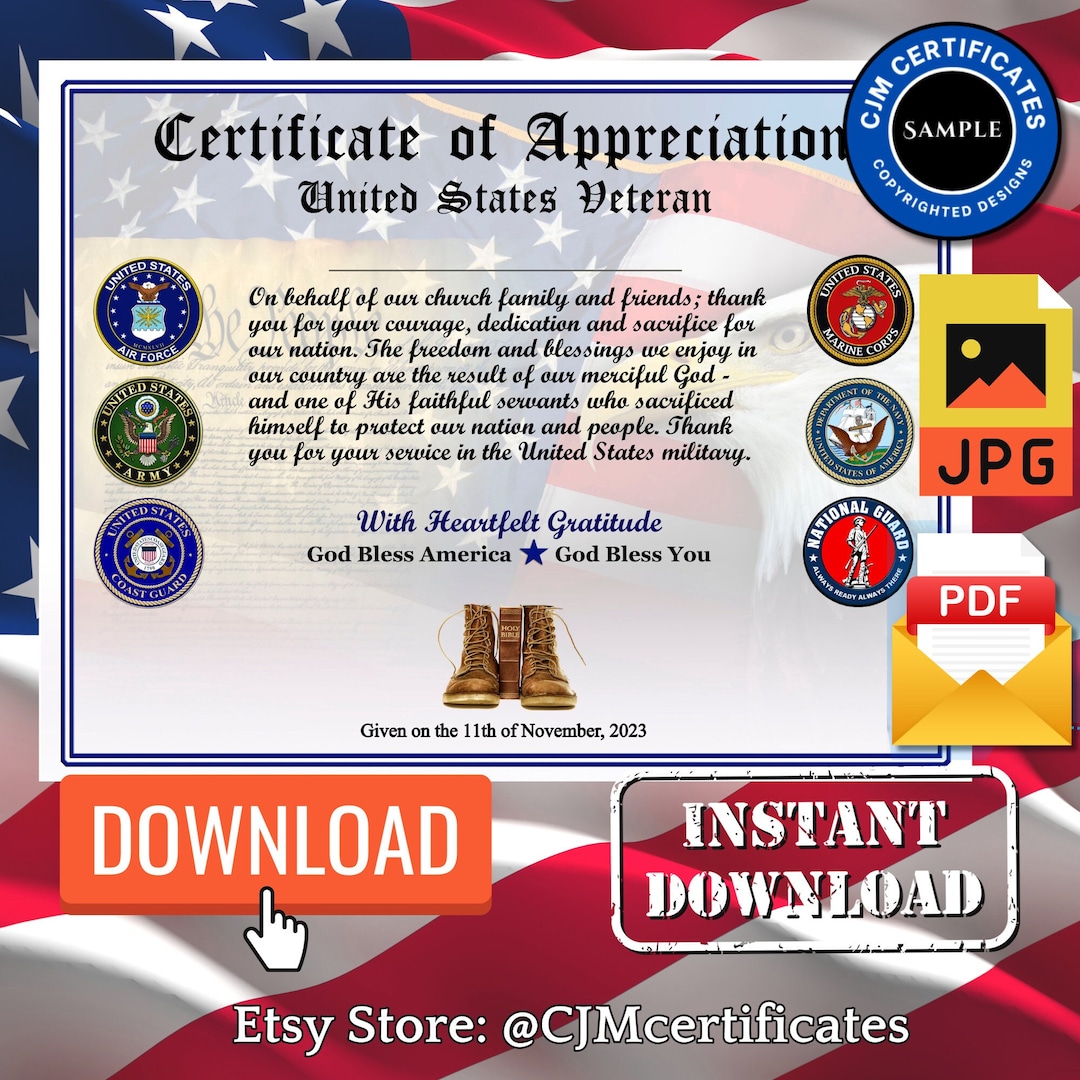 Ministry Veteran Appreciation Certificate 2A.2 All Military - Etsy