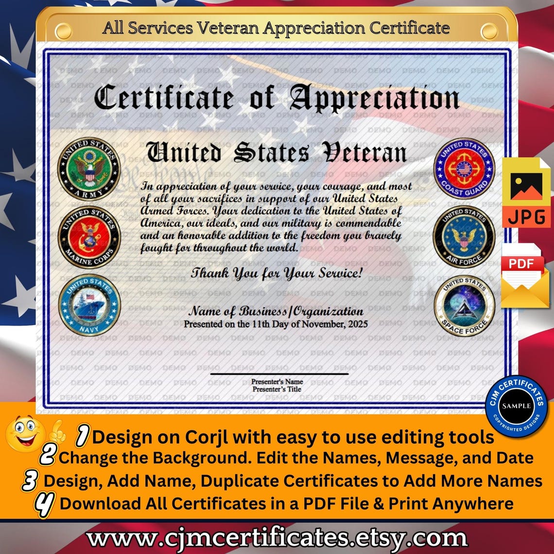 Veterans Certificate of Appreciation: All Military Branches-for ...