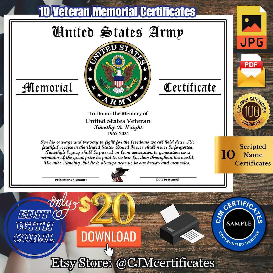 10 Veteran Memorial Certificates Package 2-memorial Day Template-design ...