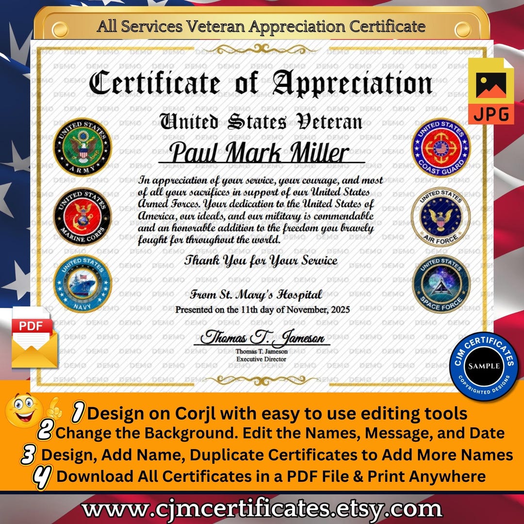 All Services Veteran Appreciation Certificate 005-perfect for Veterans ...